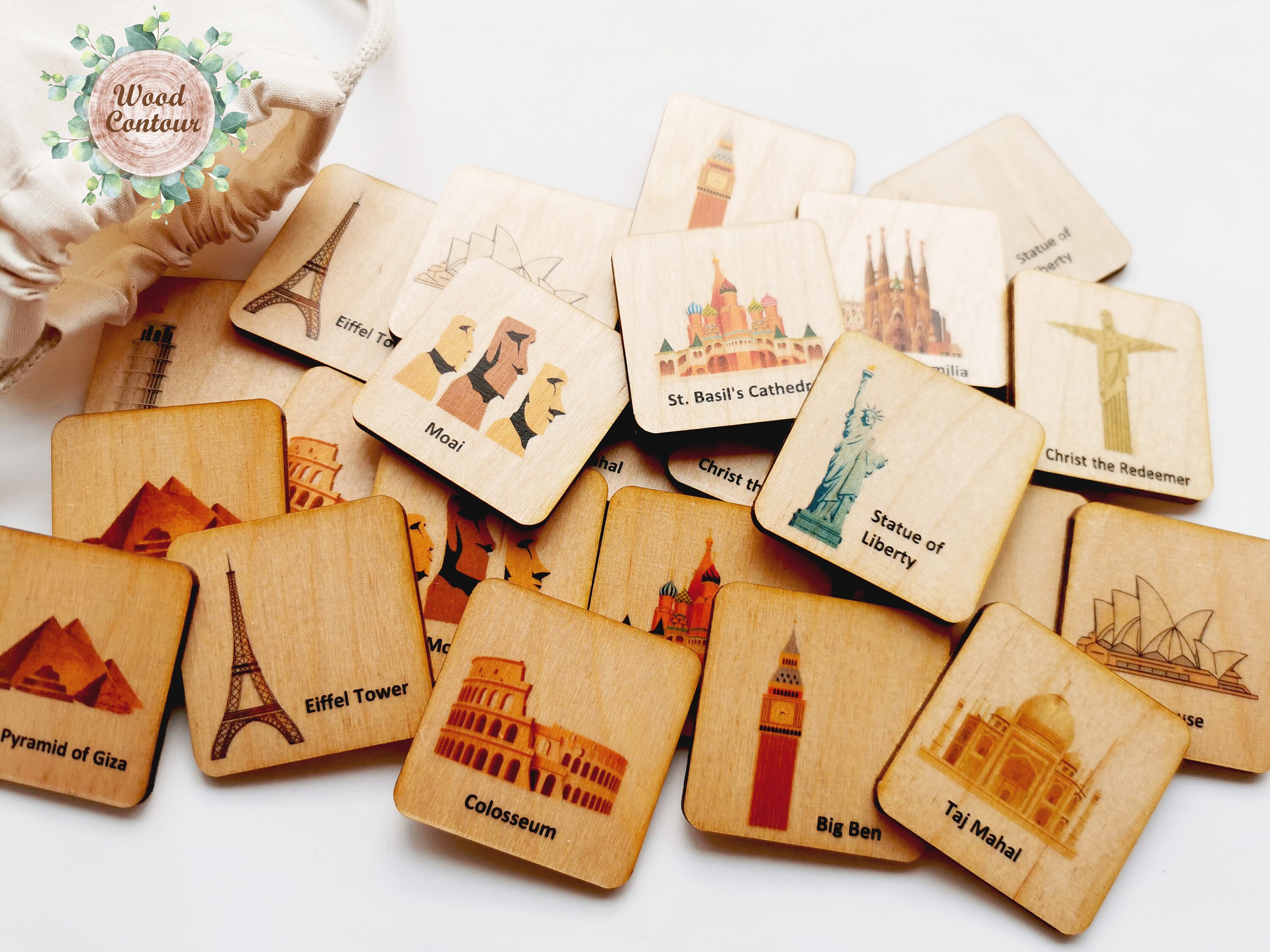 Wooden Montessori Landmarks of the World Matching Cards, Homeschool ...
