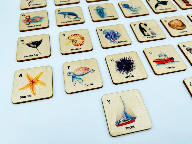 Wooden Montessori Ocean Animals Alphabets ABC Tiles/ - Etsy