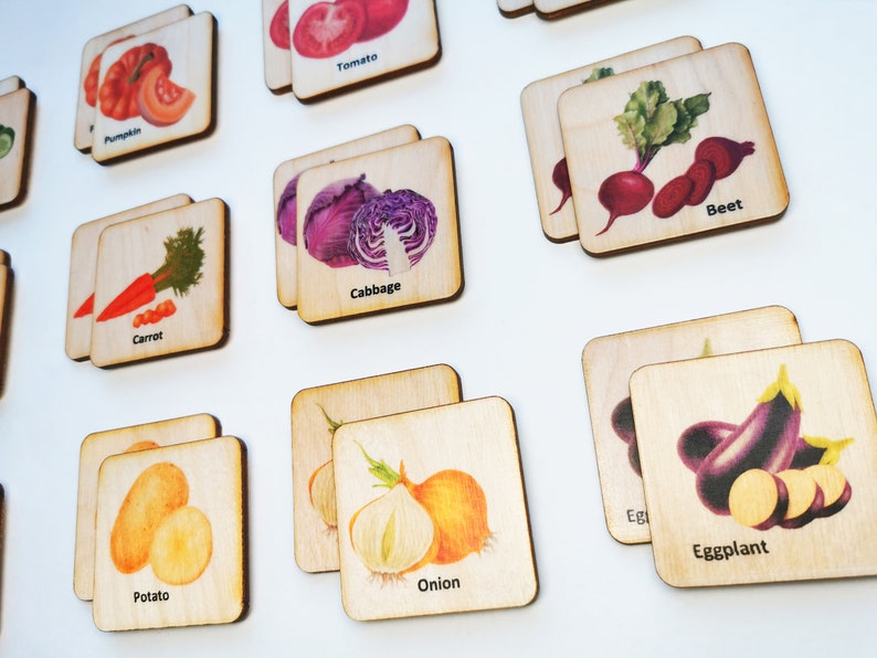 Montessori Wooden vegetables matching cards/ Wood veggies | Etsy