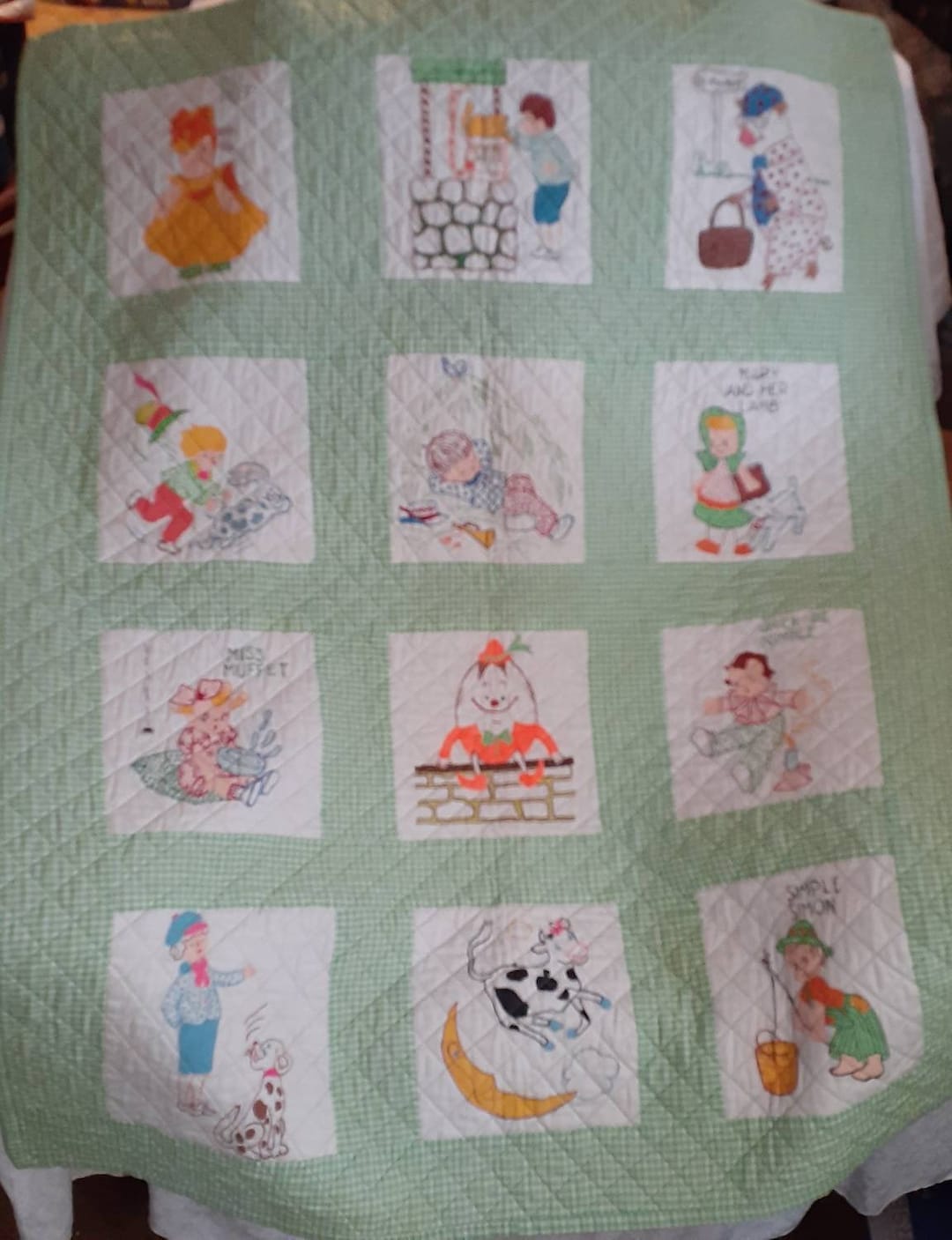 Vintage Baby/child Green Gingham Quilt With Handpainted Nursery Rhyme ...