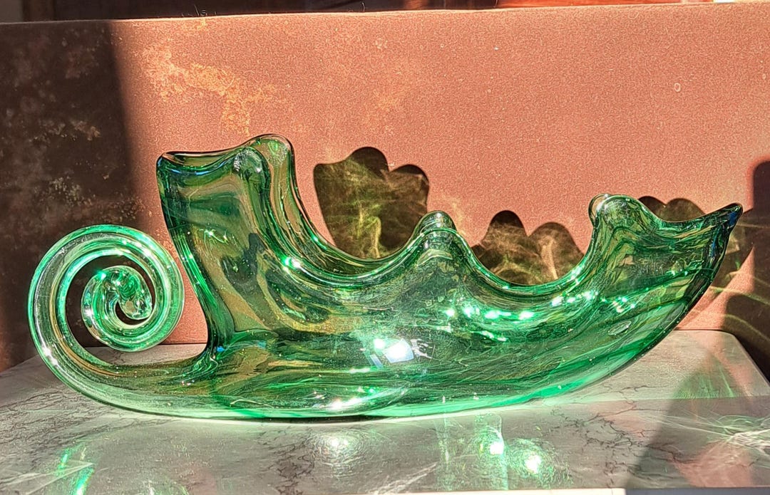 Vintage MCM Sooner Art Glass Centerpiece Decor Display Hand Blown Green ...