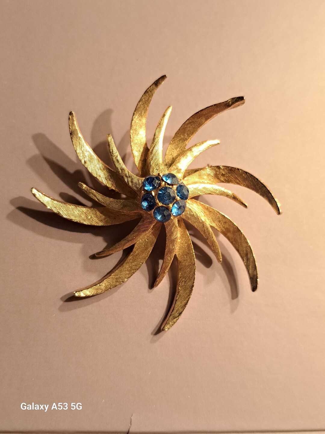 Vintage Textured Gold Tone Large Spiral Whirl With Blue Rhinestones ...