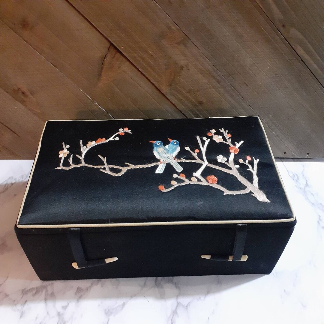 Vintage Chinese Black Silk Embroidery Jewelry Box Birds China Blossom ...