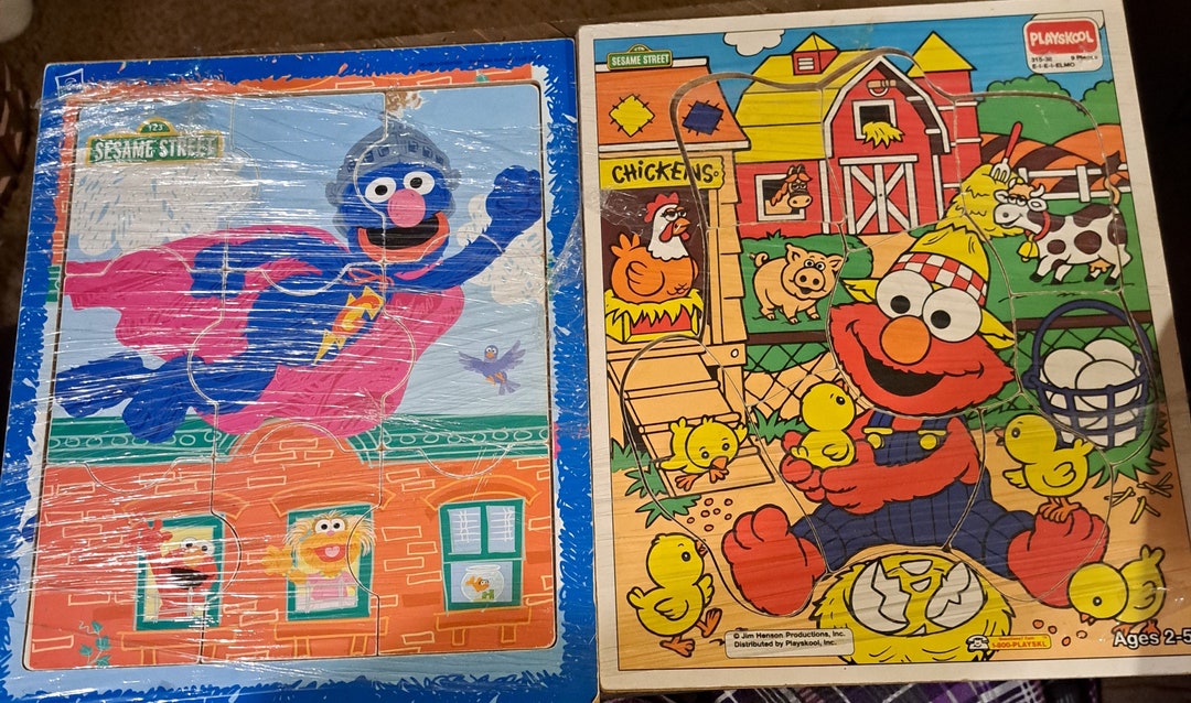 Lot of 2 Sesame Street Elmo/grover Wood Frame Tray Puzzles - Etsy