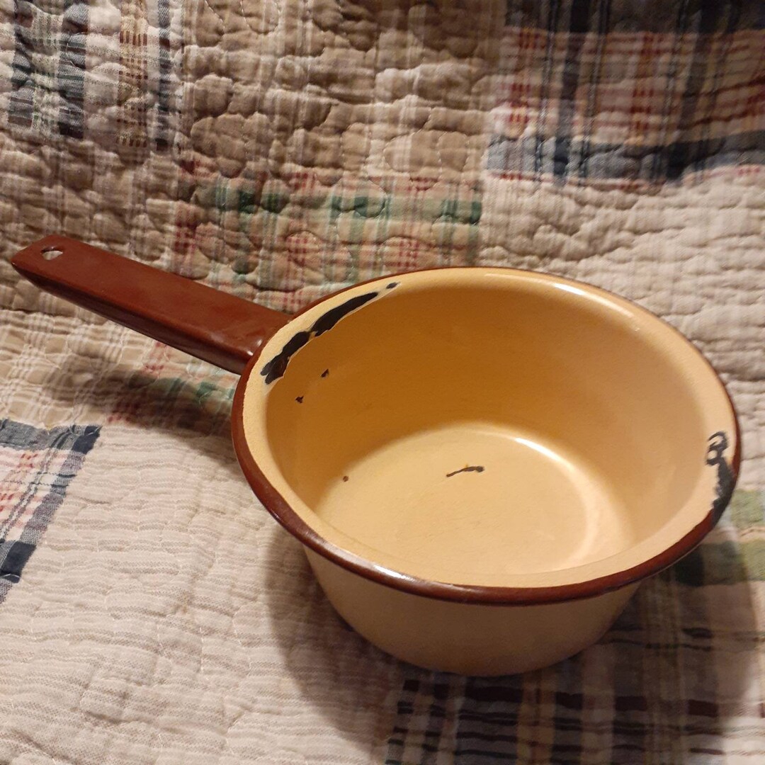 Vintage Chippy Tan & Brown 6" Enamel Saucepan - Etsy