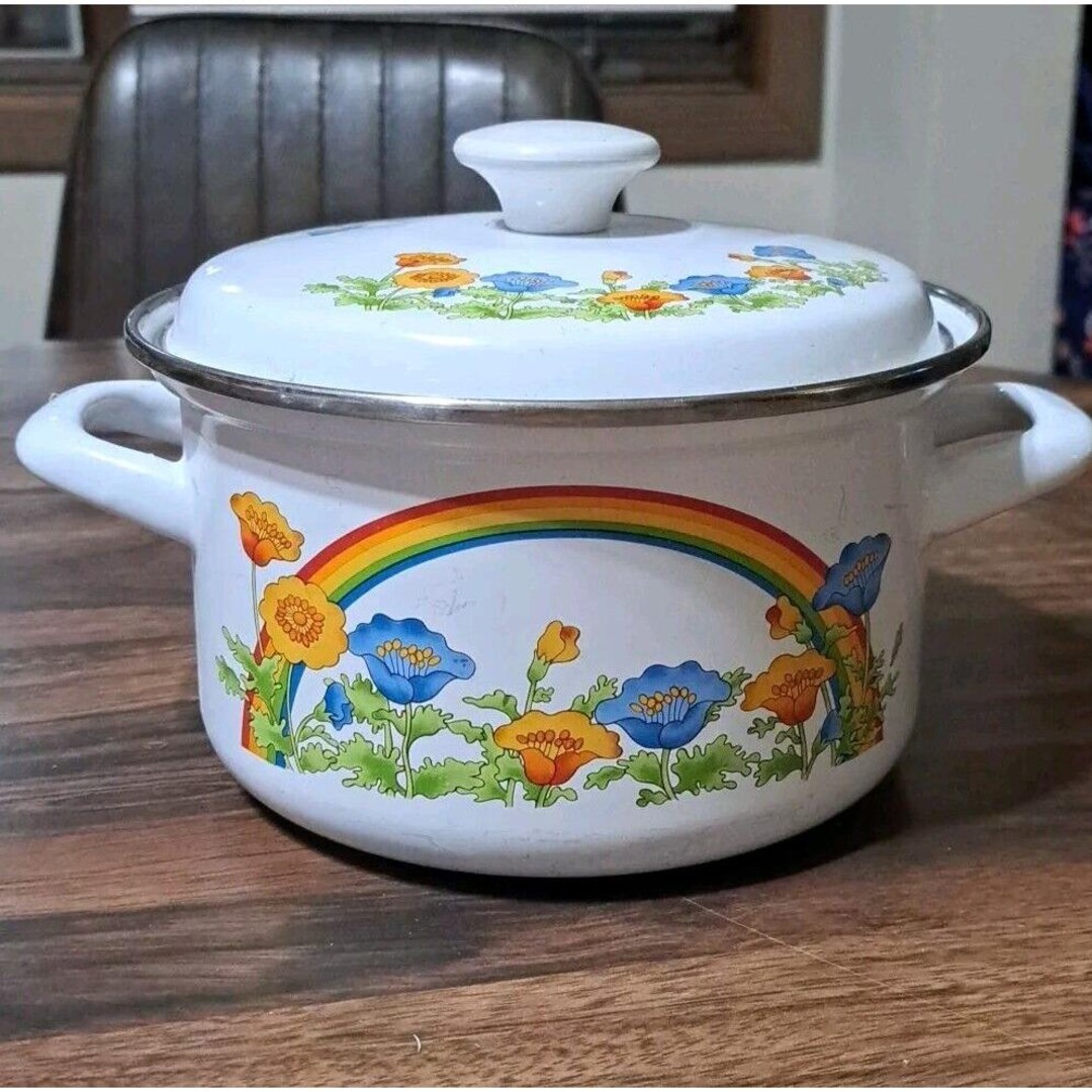 Vintage Rainbow / Floral Design Enamelware Covered Pot HTF - Etsy