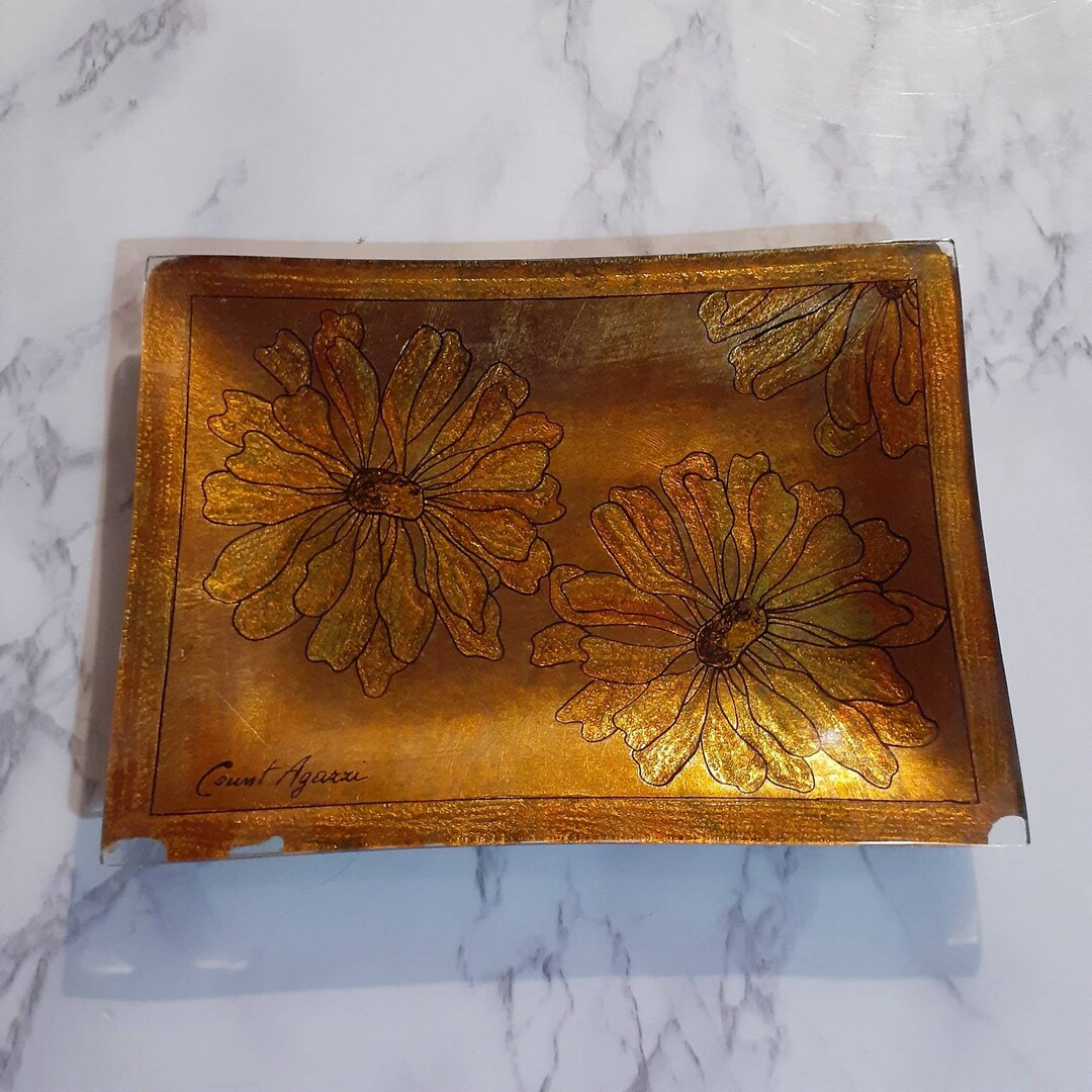Vintage Reverse Painted Glass Floral Design in Shiny Bronze/ Gold Tray ...