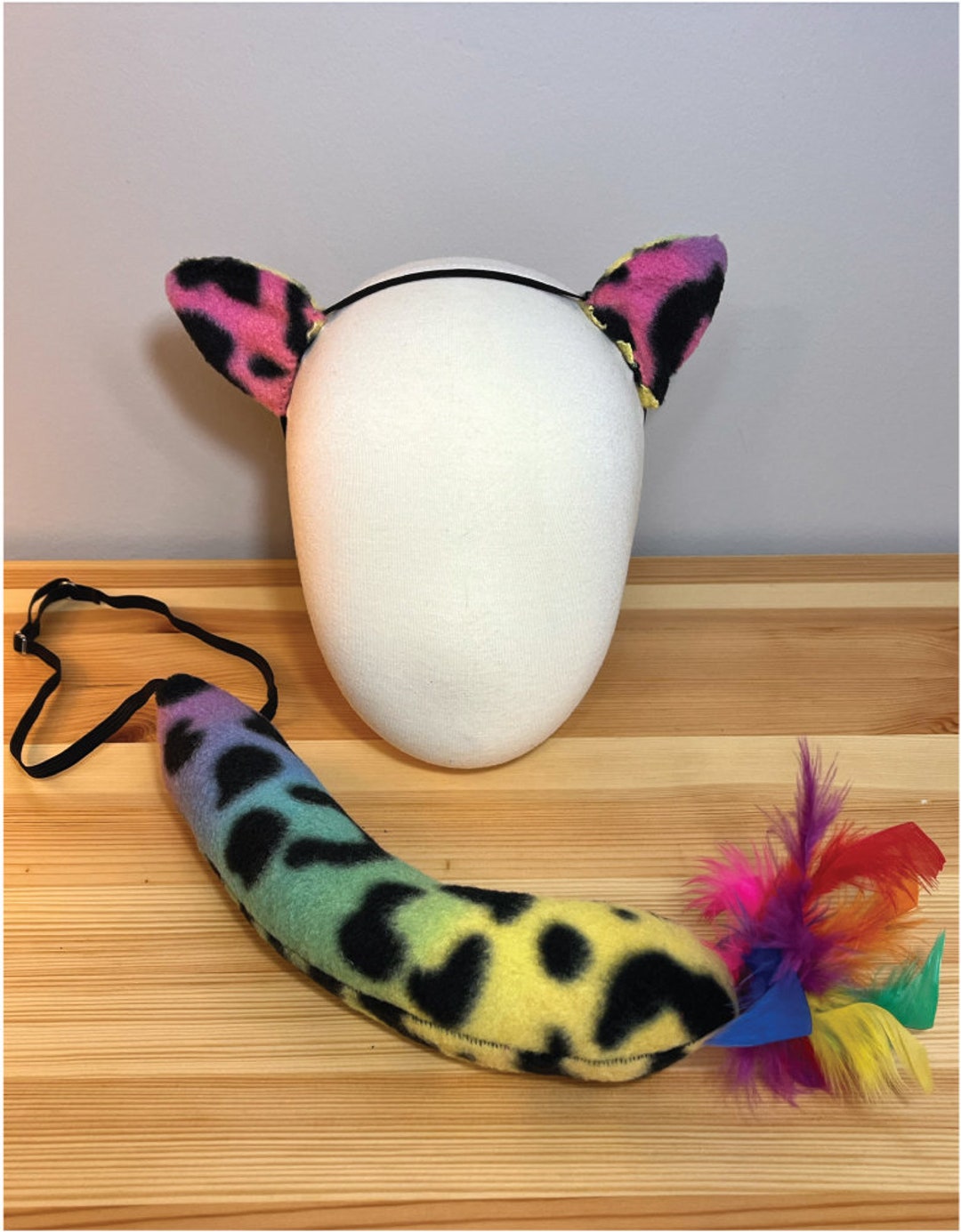 Rainbow Feather Leopard Ear and Tail Set Easy Halloween - Etsy