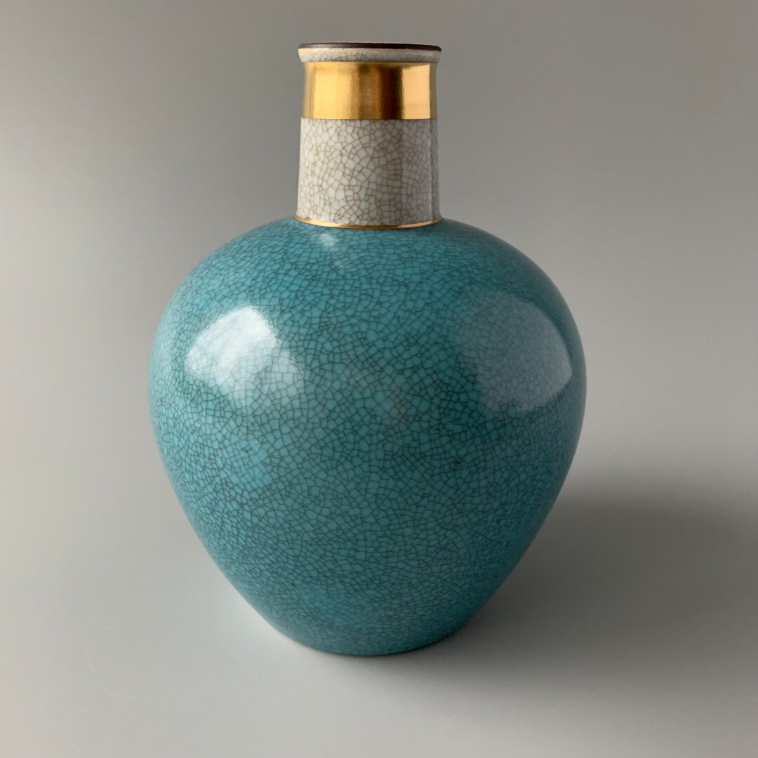 Royal Copenhagen Turquoise Gilded Band Crackle Vase by Thorkild Olsen ...