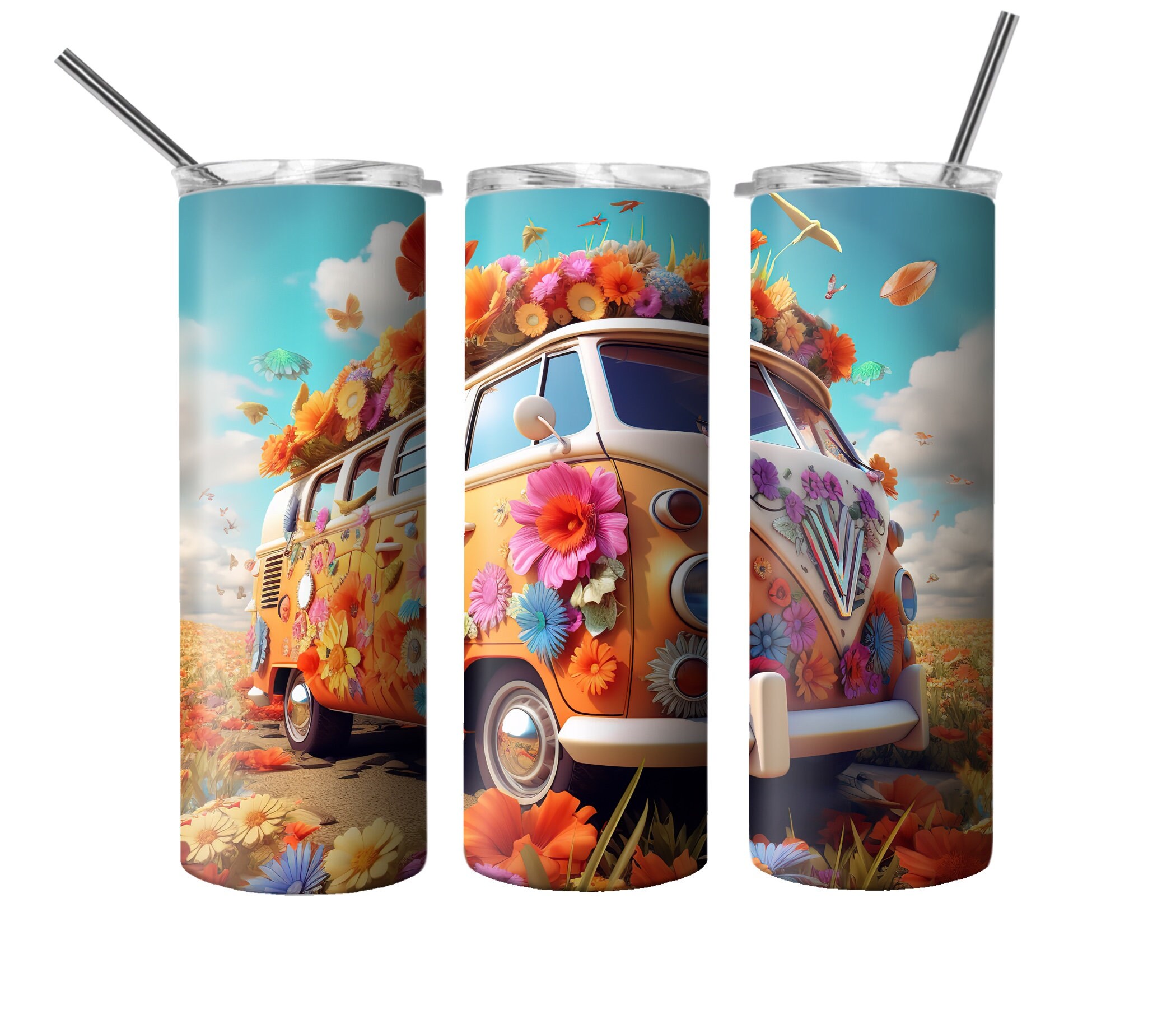 Colorful Hippy Van Tumbler Wrap Design, Retro Camper Van With Flowers ...