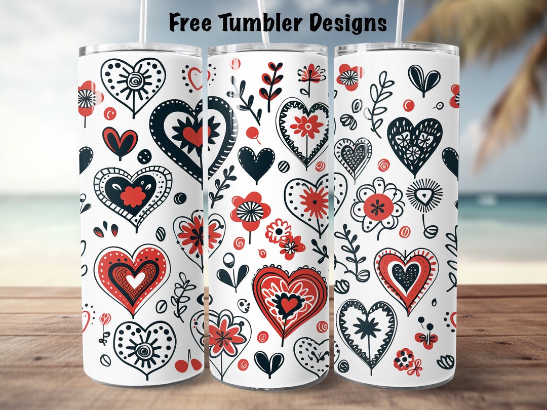 Tumbler Design for Sublimation, Line Art Hearts and Flowers Tumbler Png ...