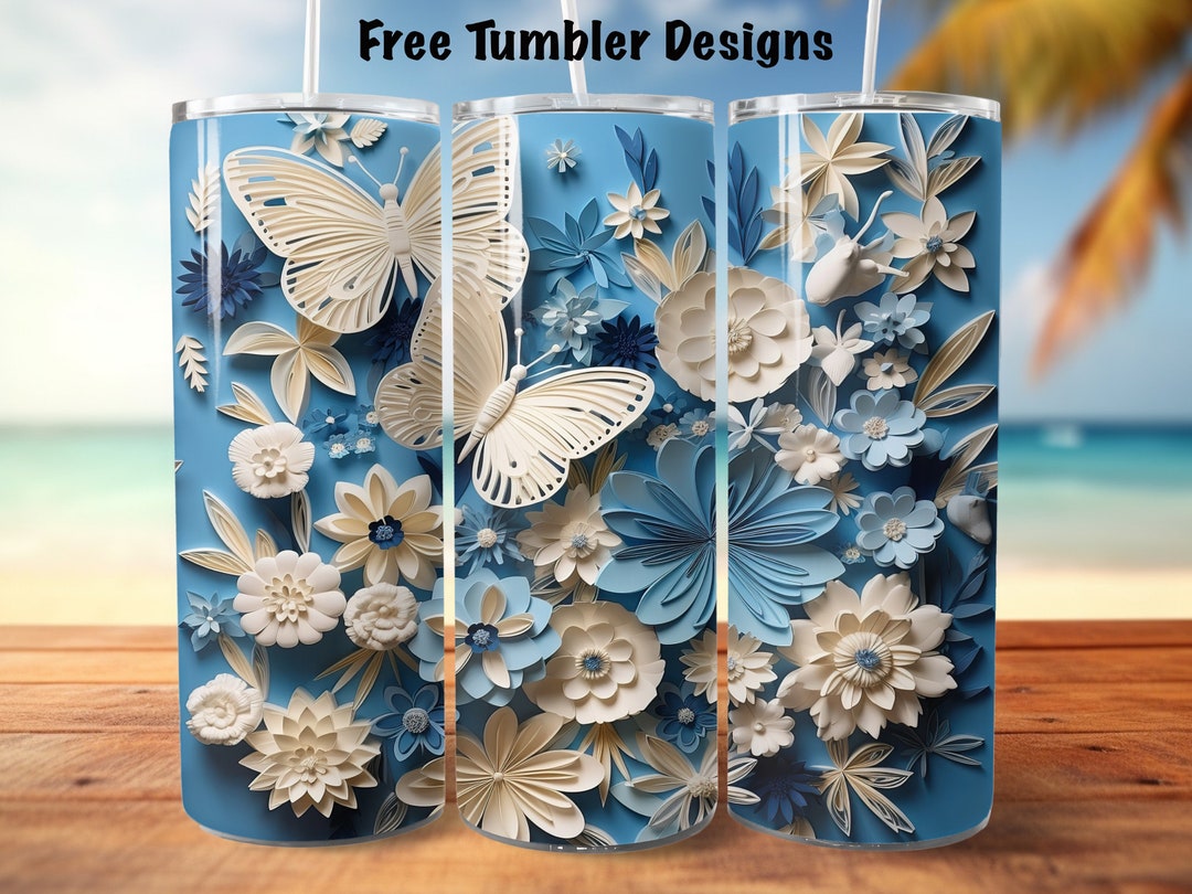 Seamless Tumbler Design With 3d Butterfly and Flowers, Blue and Cream ...