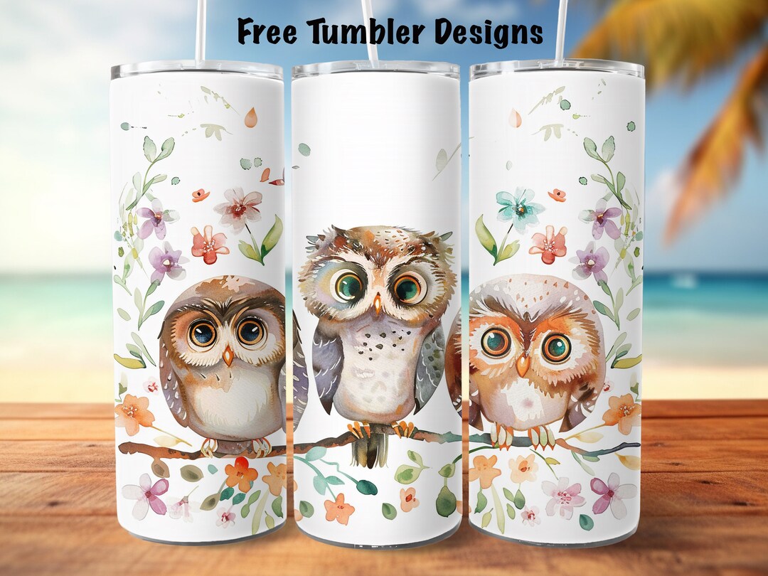 Cute Owls Tumbler Design, Watercolor Birds and Flowers , Seamless 20oz ...