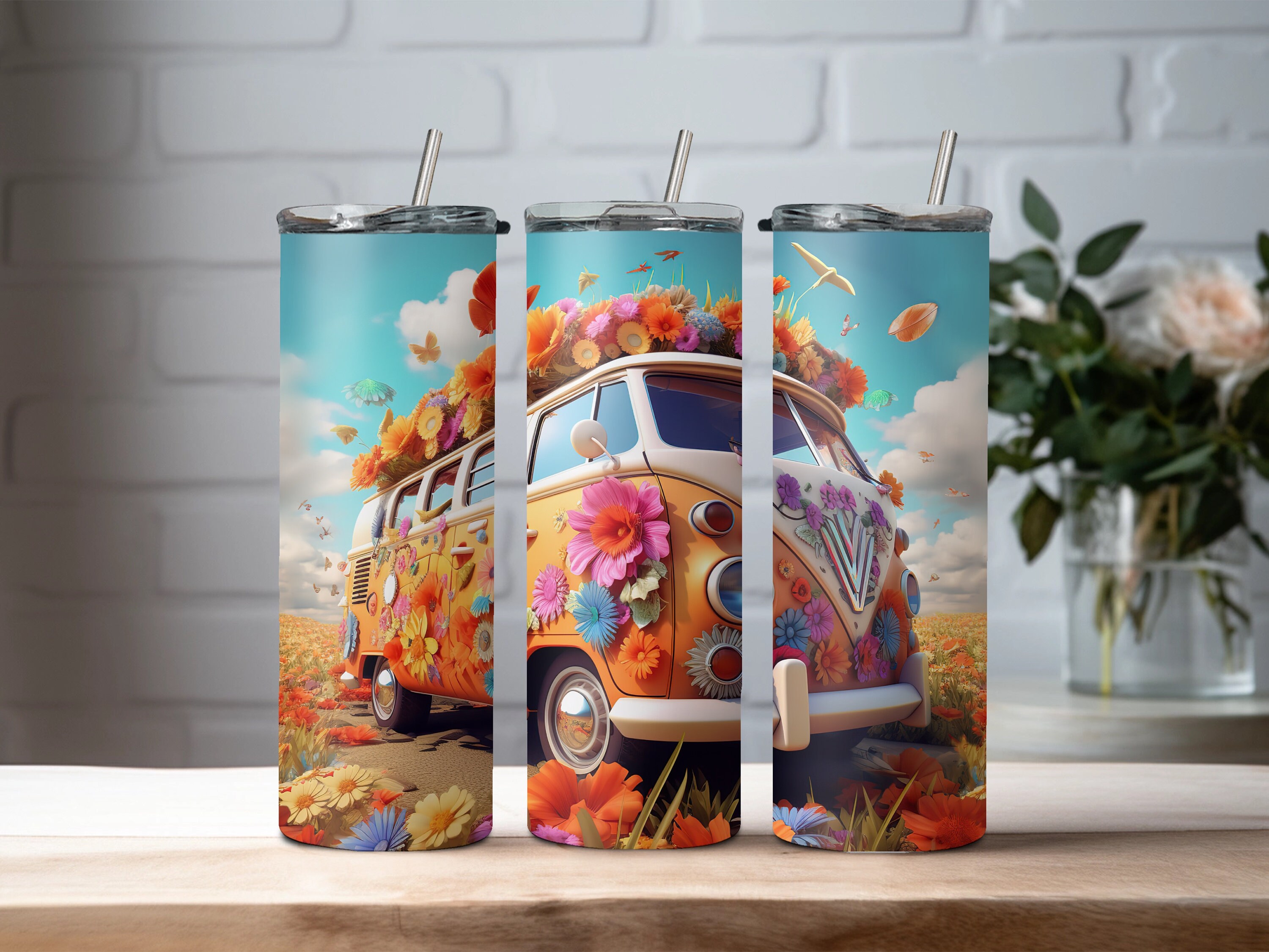 Colorful Hippy Van Tumbler Wrap Design, Retro Camper Van With Flowers ...