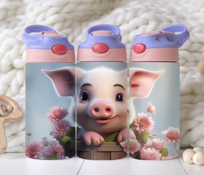 Baby Pig 12 Oz Tumbler Wrap, Baby Animal, Piglet and Flowers , Flip Top ...
