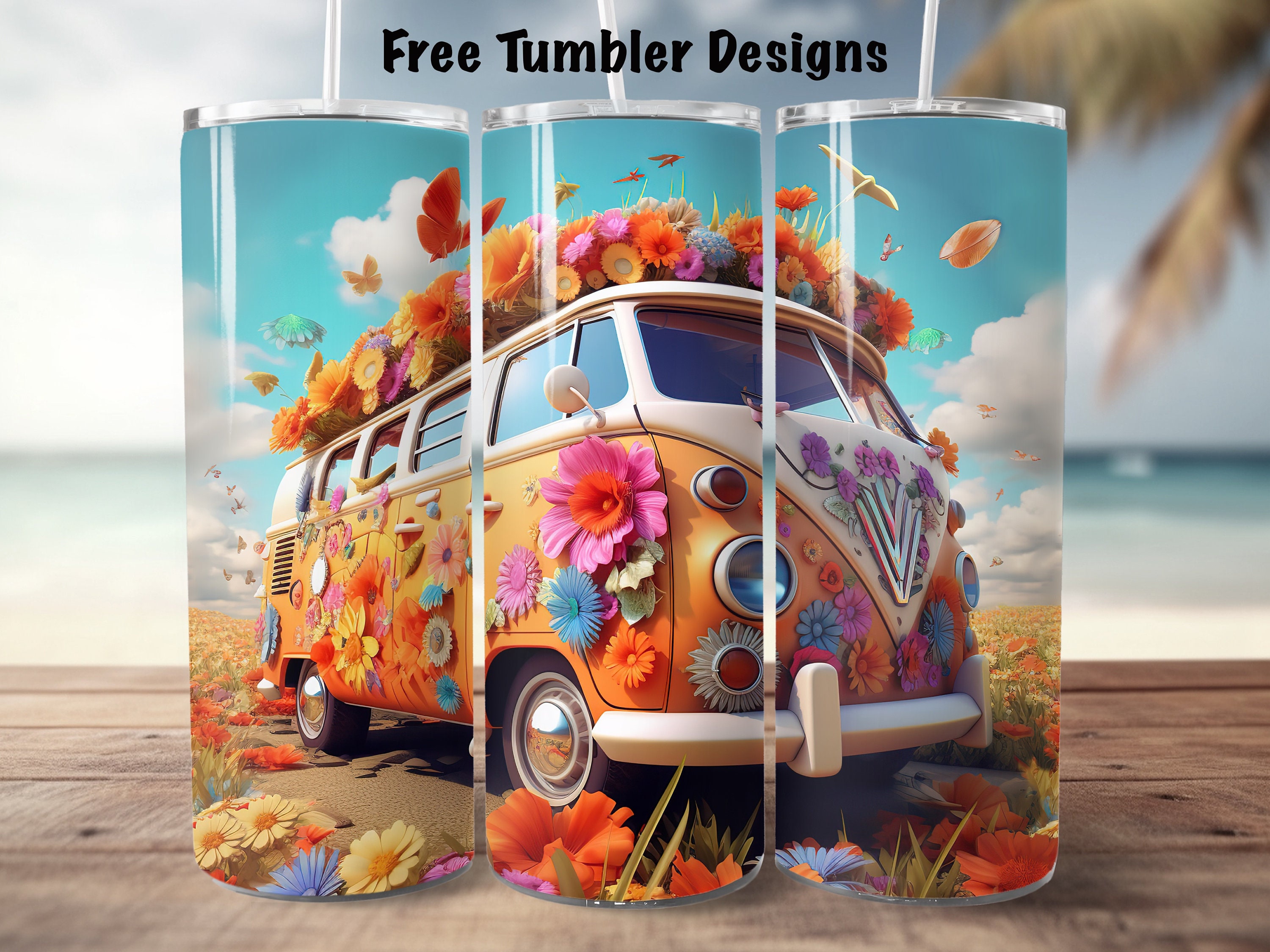 Colorful Hippy Van Tumbler Wrap Design, Retro Camper Van With Flowers ...