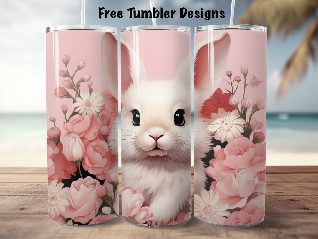 Pink Seamless Tumbler Design Cute Bunny, Fluffy Rabbit and Flowers ...
