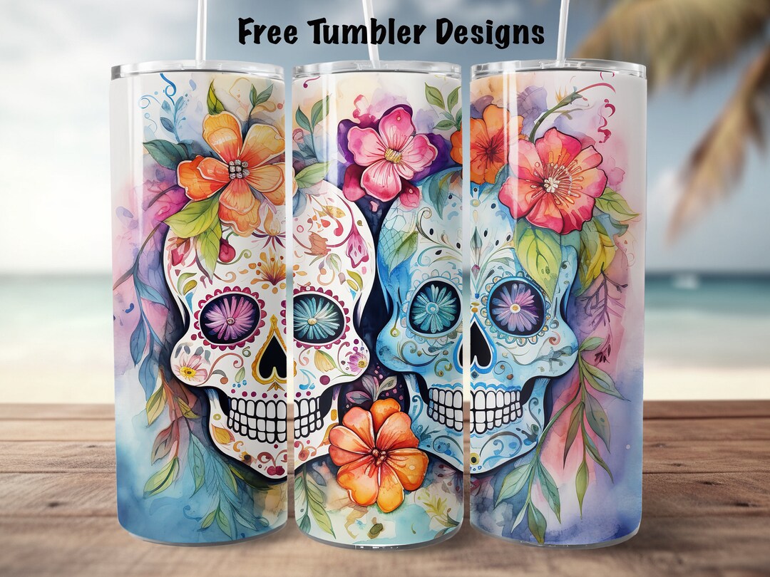 Sugar Skull Seamless Tumbler Wrap Design, Painted Skull With Flowers ...