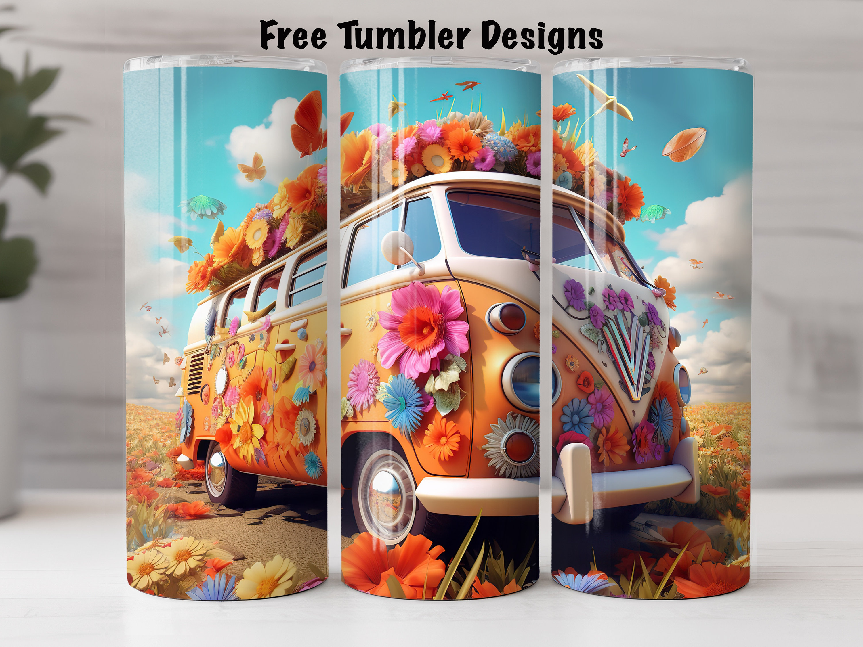 Colorful Hippy Van Tumbler Wrap Design, Retro Camper Van With Flowers ...