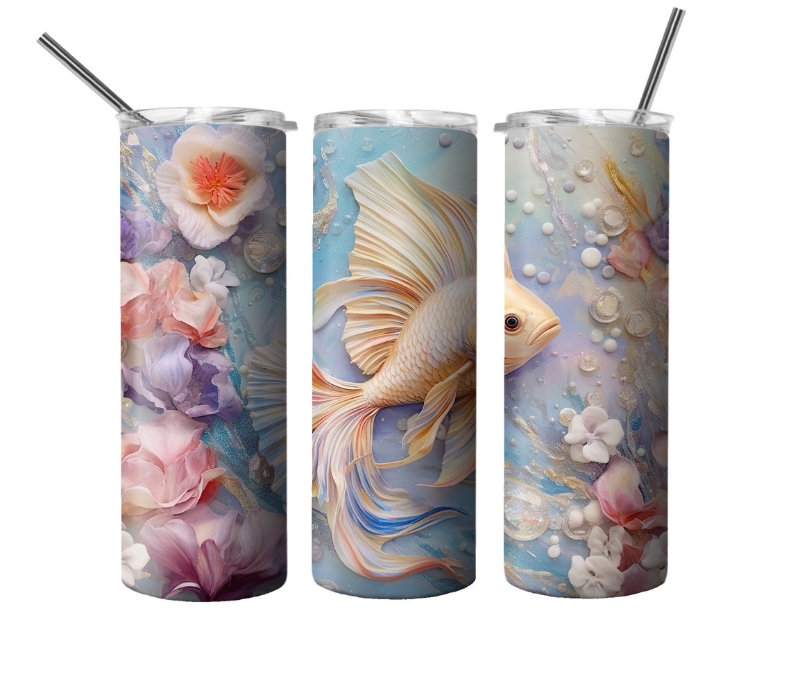 Shimmery Fish in Ocean With Flowers Tumbler Png, Marine Seamless 20oz ...