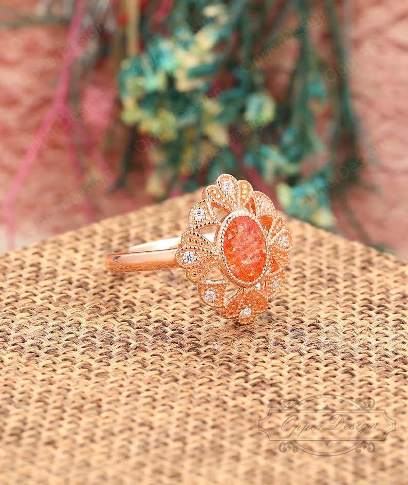 Orange Sunstone Wedding Ring Solid Rose Gold Anniversary - Etsy