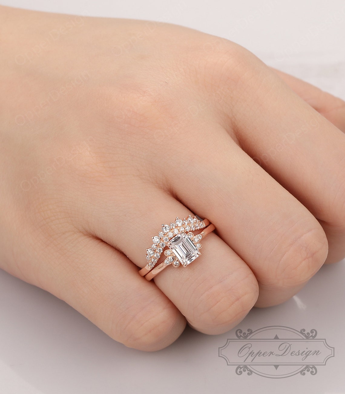 Art Deco Stack Ring Engagement Ring Emerald Cut 5x7mm | Etsy