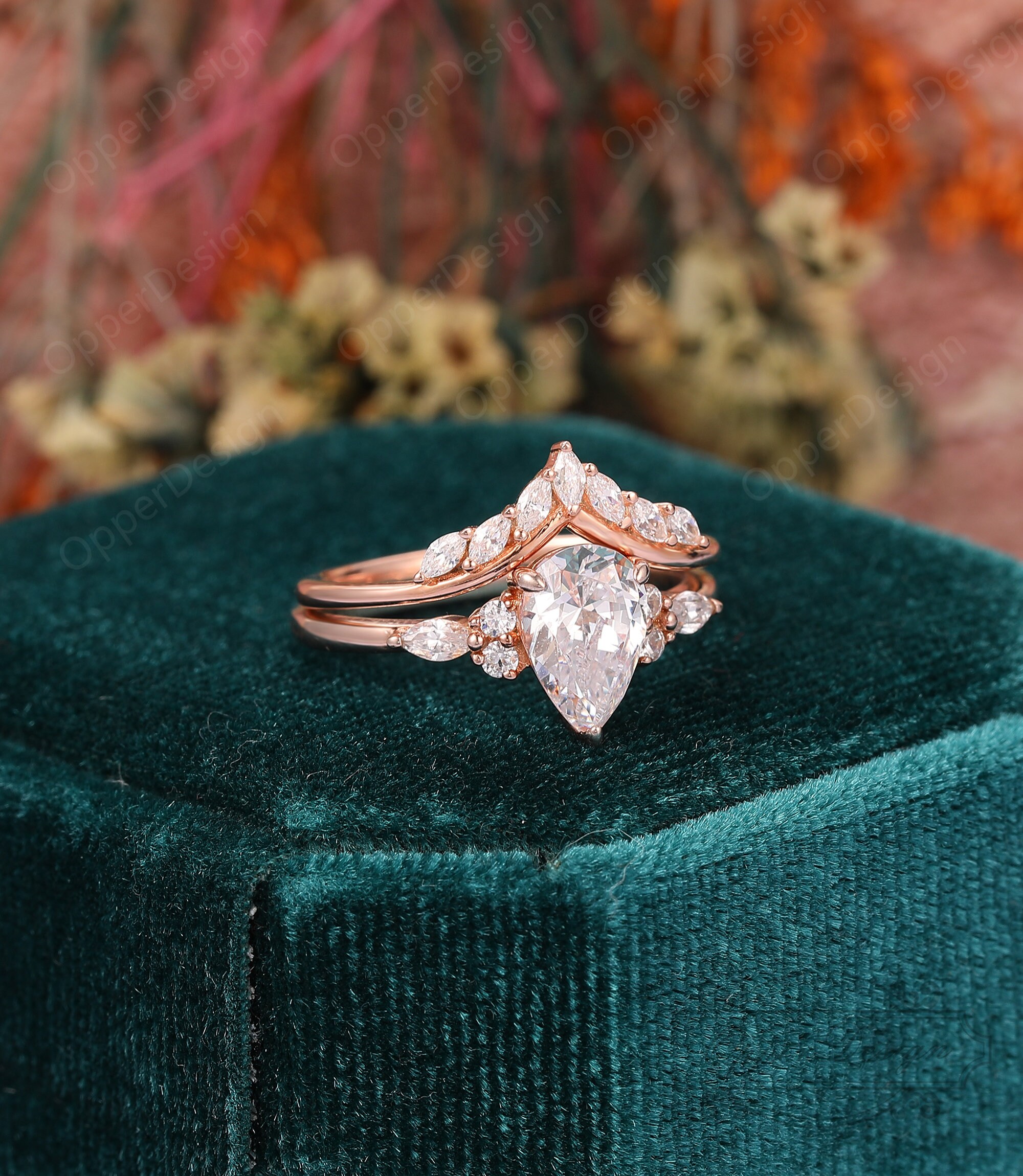 Teardrop Bridal Set Art Deco Pear Cut Ring Set Stacking - Etsy