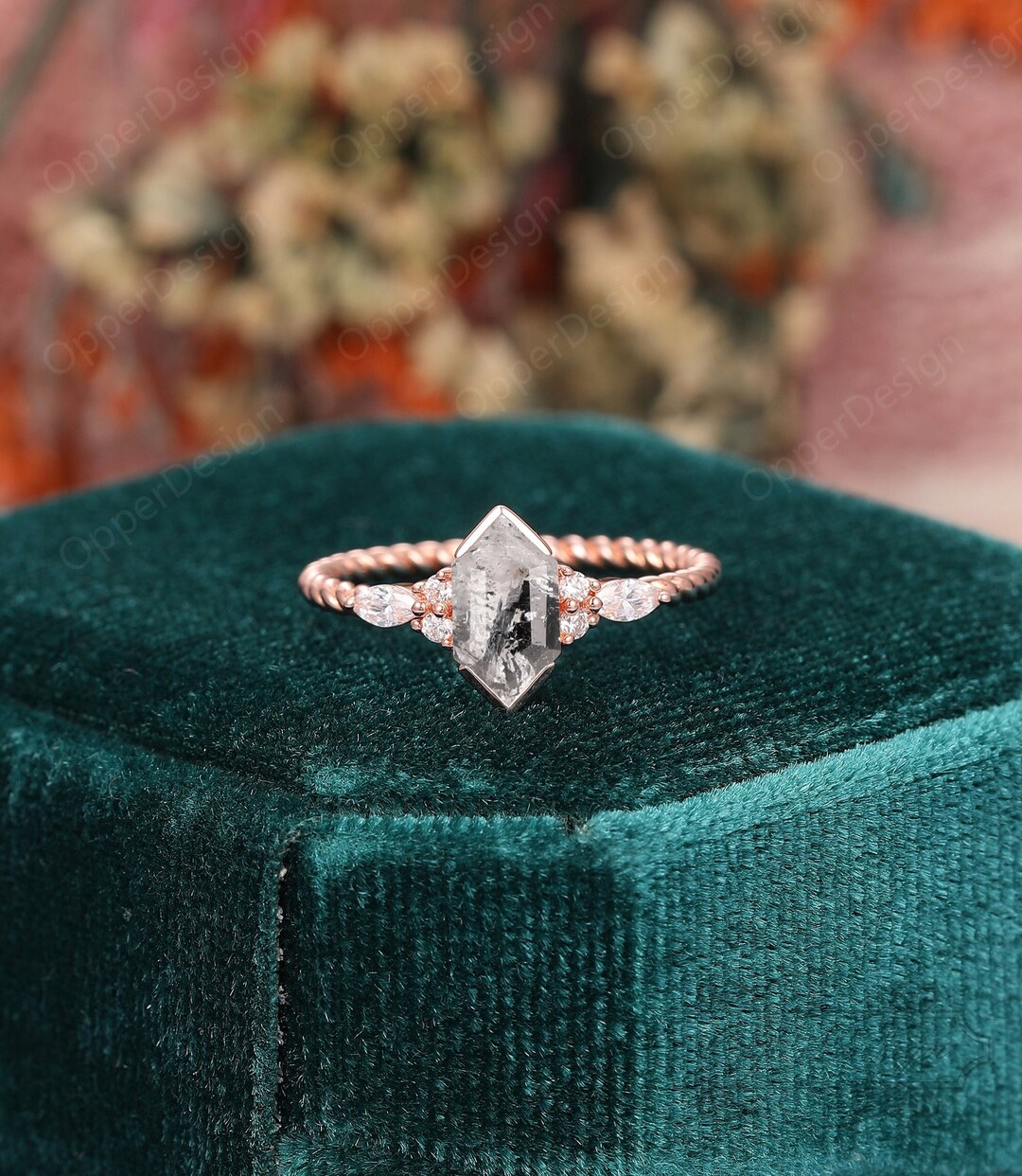 Gray Diamond Crystal Engagement Ring, Vintage 1.1CT 5x9mm Long Hexagon ...