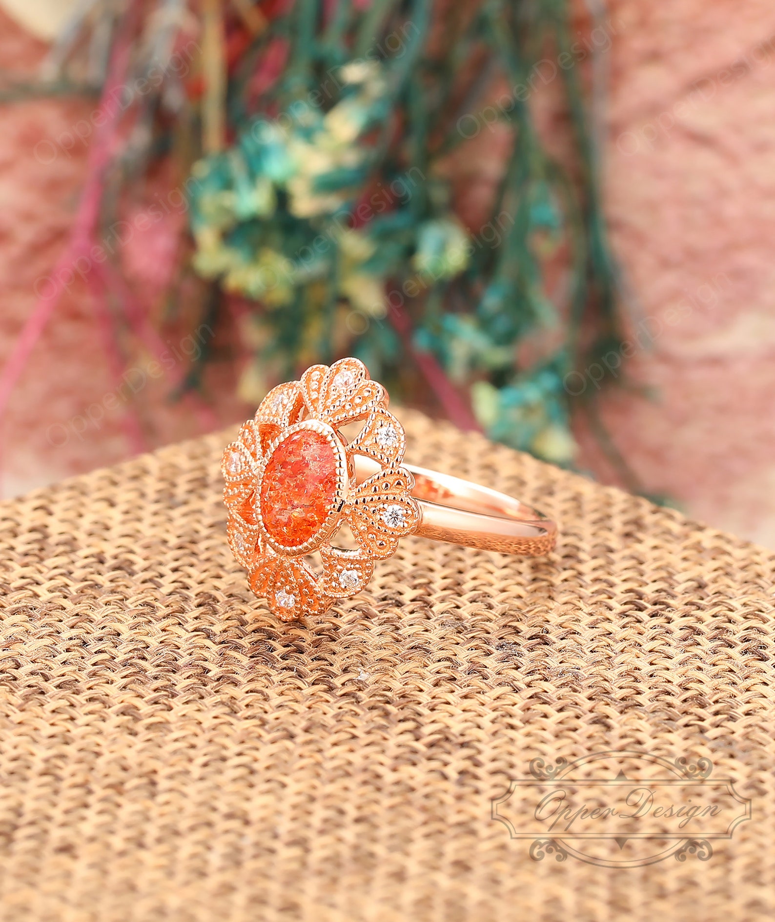 Orange Sunstone Wedding Ring Solid Rose Gold Anniversary | Etsy