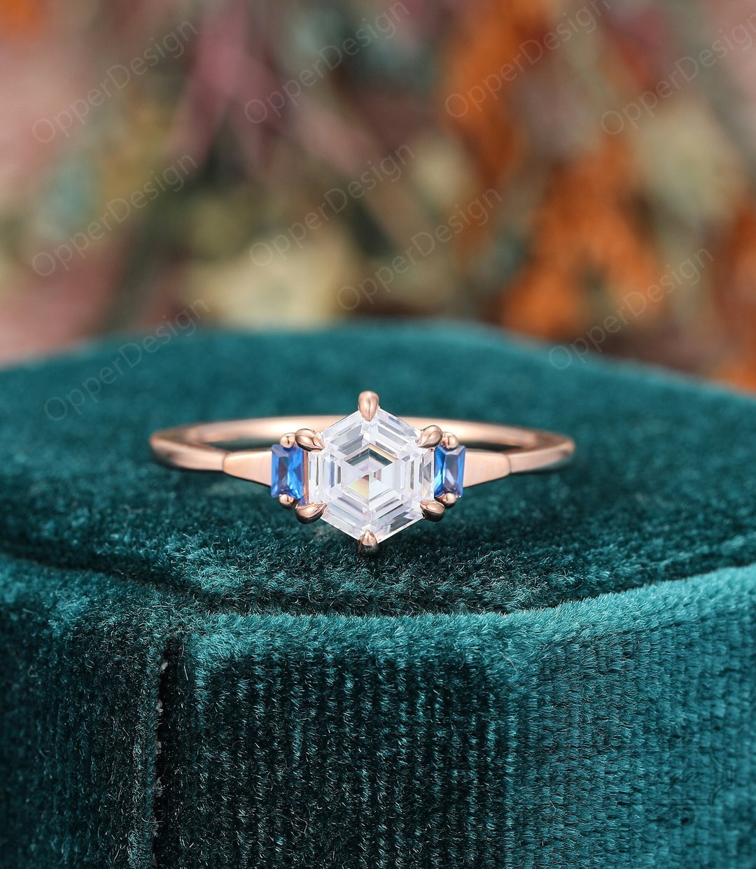 14K Rose Gold Bridal Ring, Unique Hexagon Cut 6mm Moissanite Wedding ...