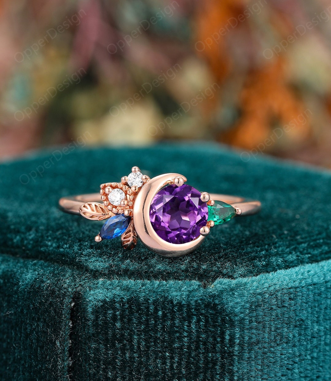 Amethyst Engagement Ring Rose Gold, Unique Stacking Ring, Hanmade Moon ...