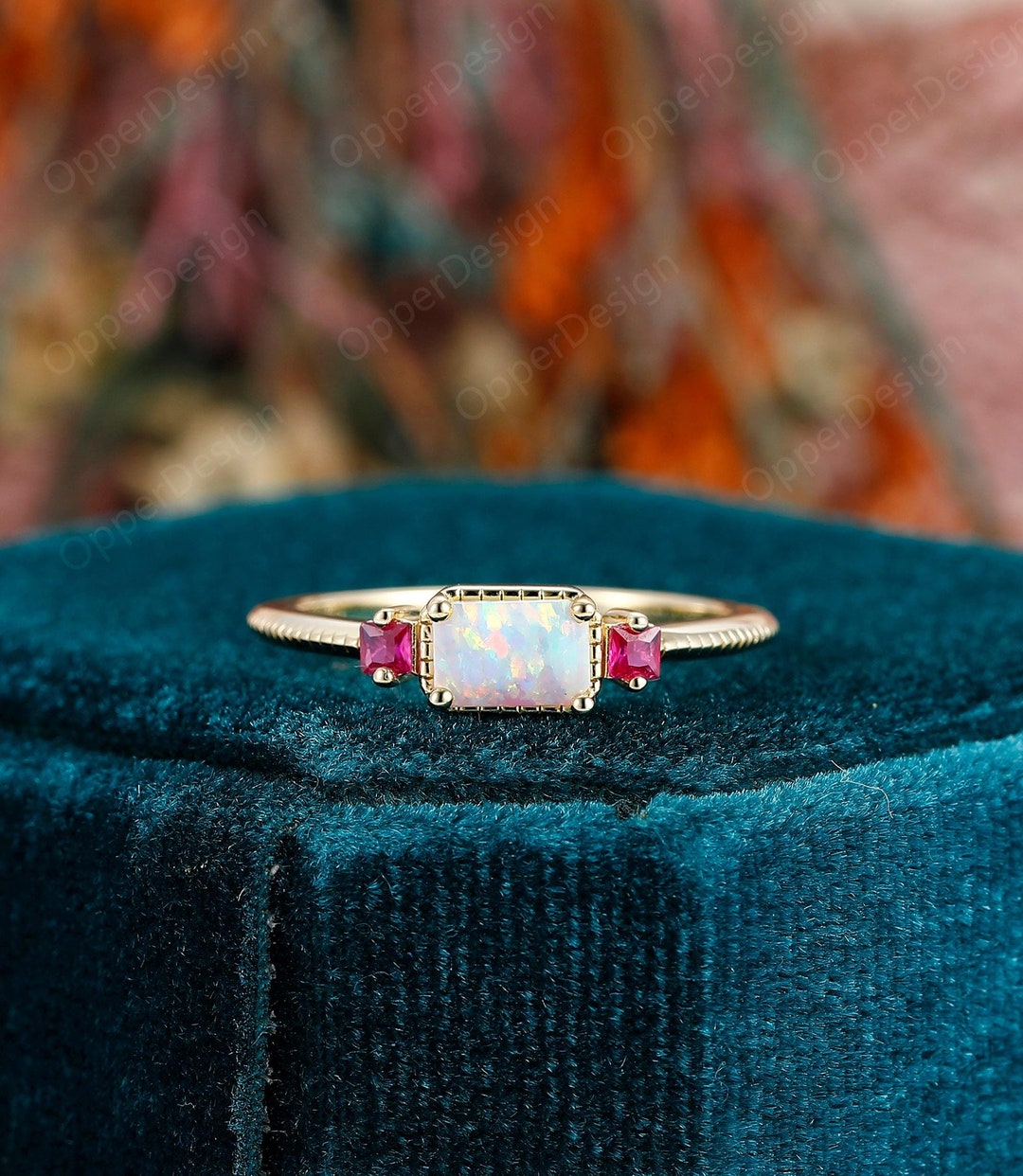 Emerald Cut 4x6mm Opal Wedding, Vintage Opal Ring, Ruby Ring, White ...