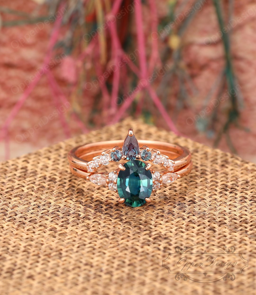 Natürlicher Türkis Saphir Braut Set, Einzigartiger Ring Set, Solid Gold ...