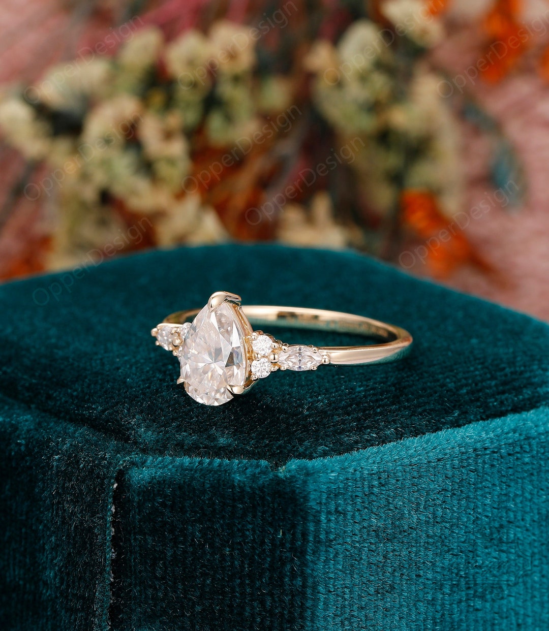 Tear Drop Wedding Ring, Moissanite Engagement Ring Pear Shape, Art Deco ...