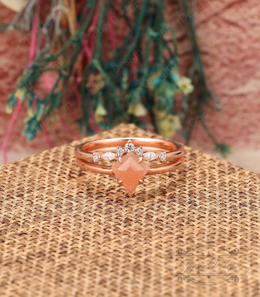 Natural Sunshine Stone Bridal Set, Unique Wedding Ring Set,10k Plain ...