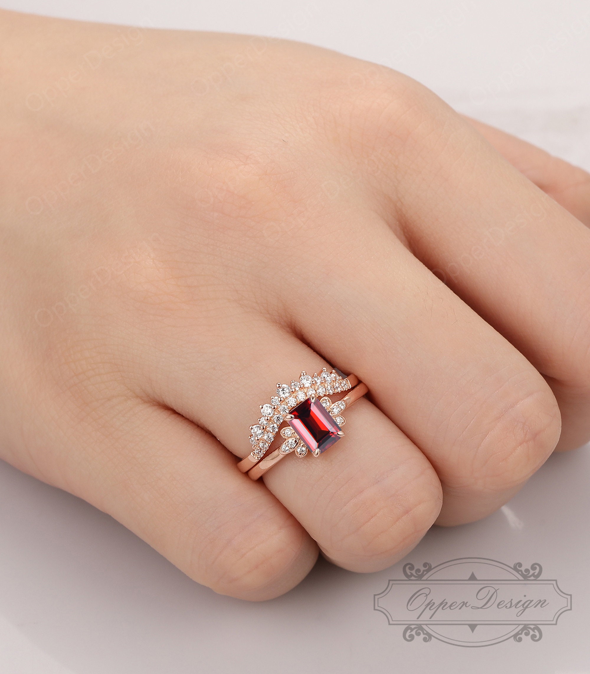 Garnet Bridal Set Ring 10K Rose Gold Ring Emerald Cut 5x7mm | Etsy