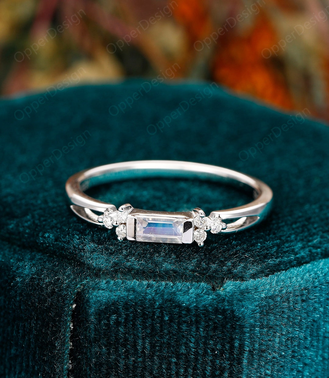 Solid 18k White Gold, Moonstone Wedding Silver Ring, Dainty Blue ...