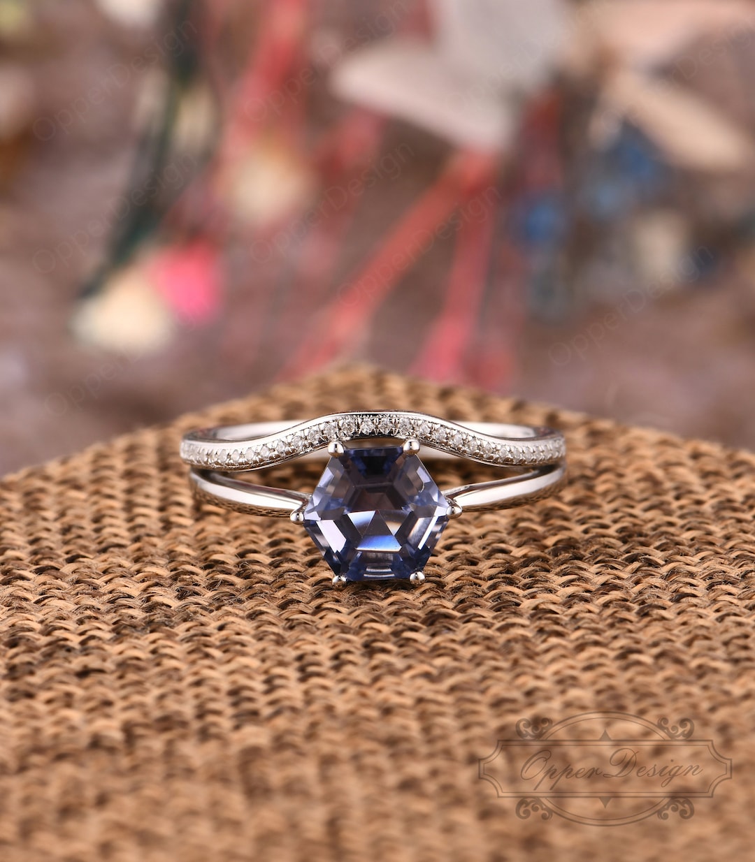 Conjunto nupcial, anillo de compromiso de tanzanita, banda de boda ...
