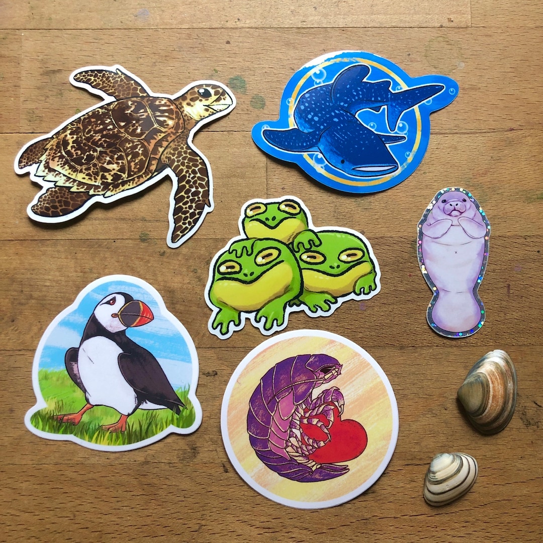 Animal Stickers Frogs Turtles Manatee Perch Whale Shark Isopod Puffin ...
