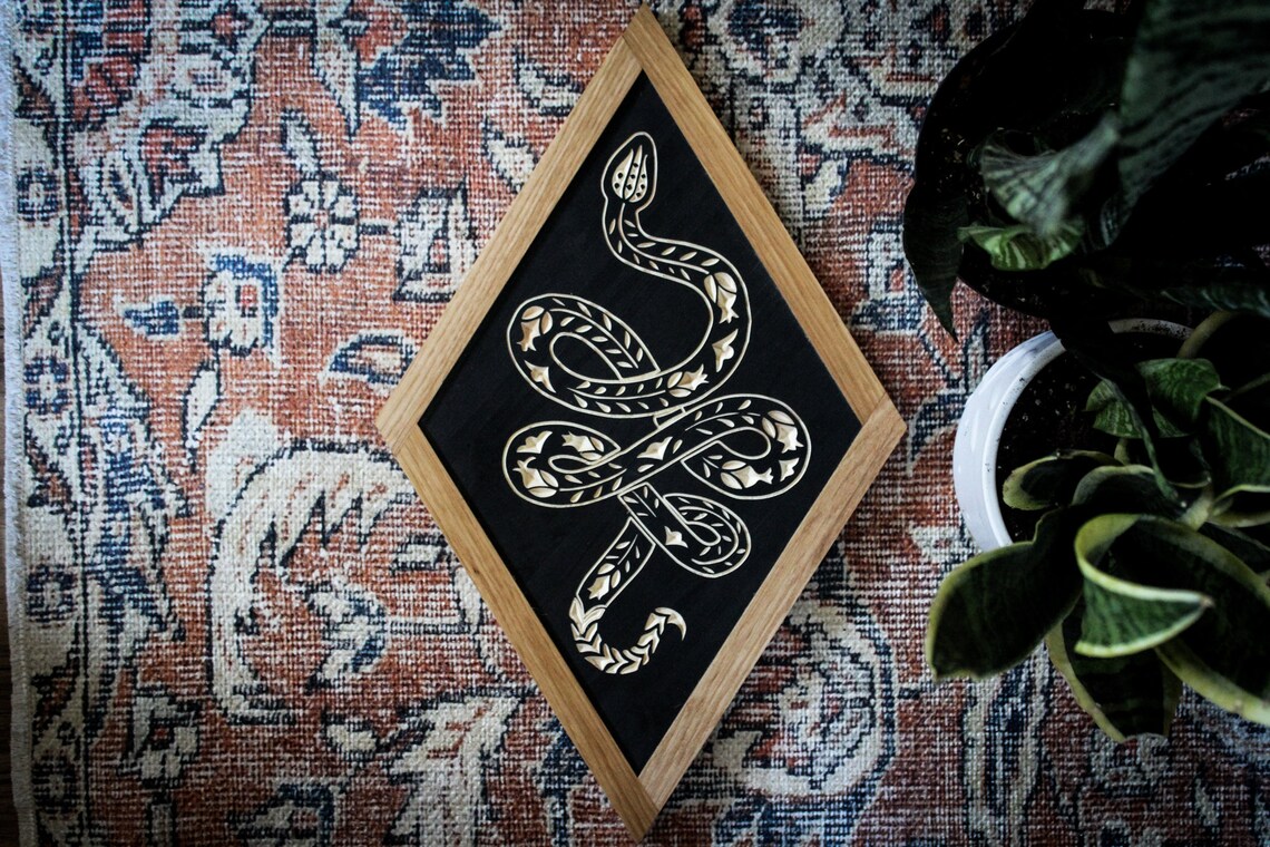 CARVED Wall Hanging Floral Snake With Hickory Wood Frame - Etsy