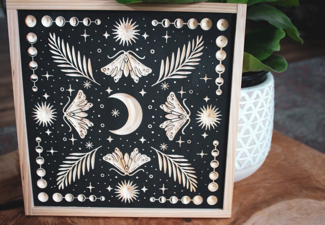 CARVED Wall Hanging Wooden Framed Moon Phase Moth square | Etsy