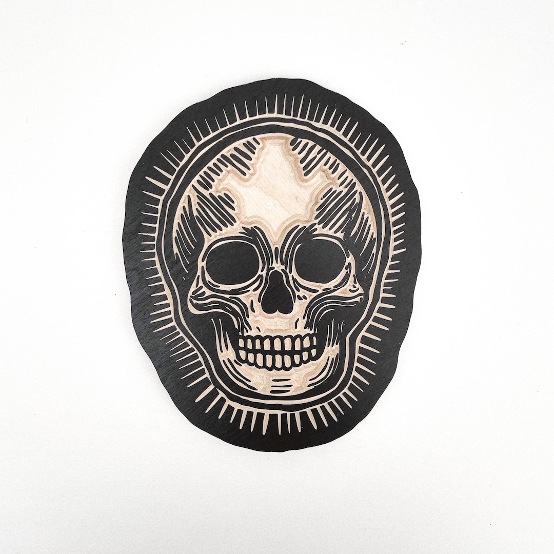 CARVED Woodcut Small Skull Wall Hanging. - Etsy