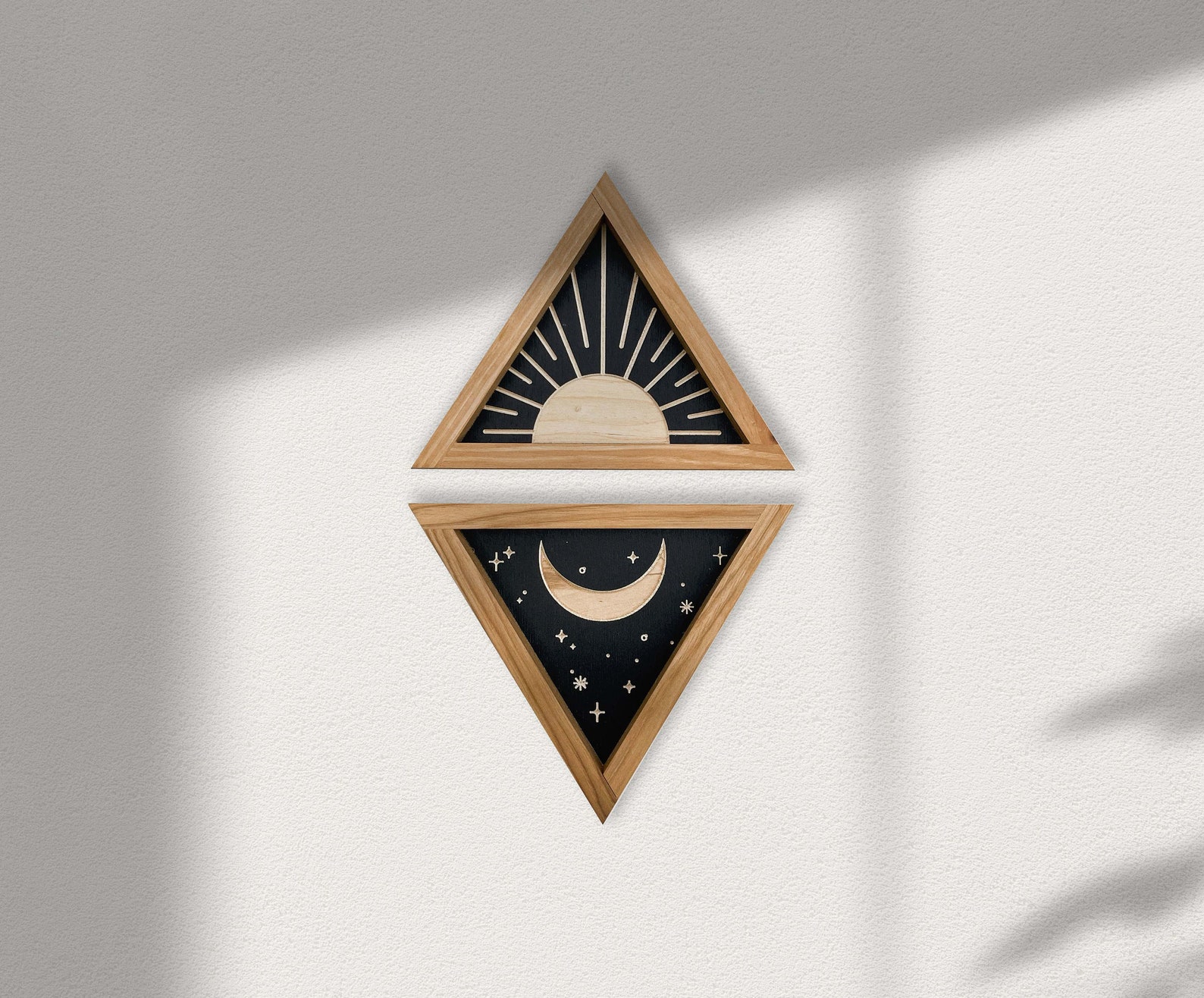 MINI Wall Hanging CARVED Sun and Moon. Set of Wood Triangles - Etsy