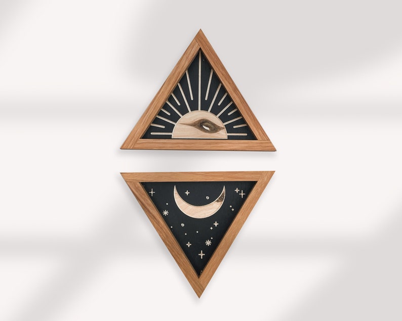 MINI Wall Hanging CARVED Sun and Moon. Set of Wood Triangles - Etsy