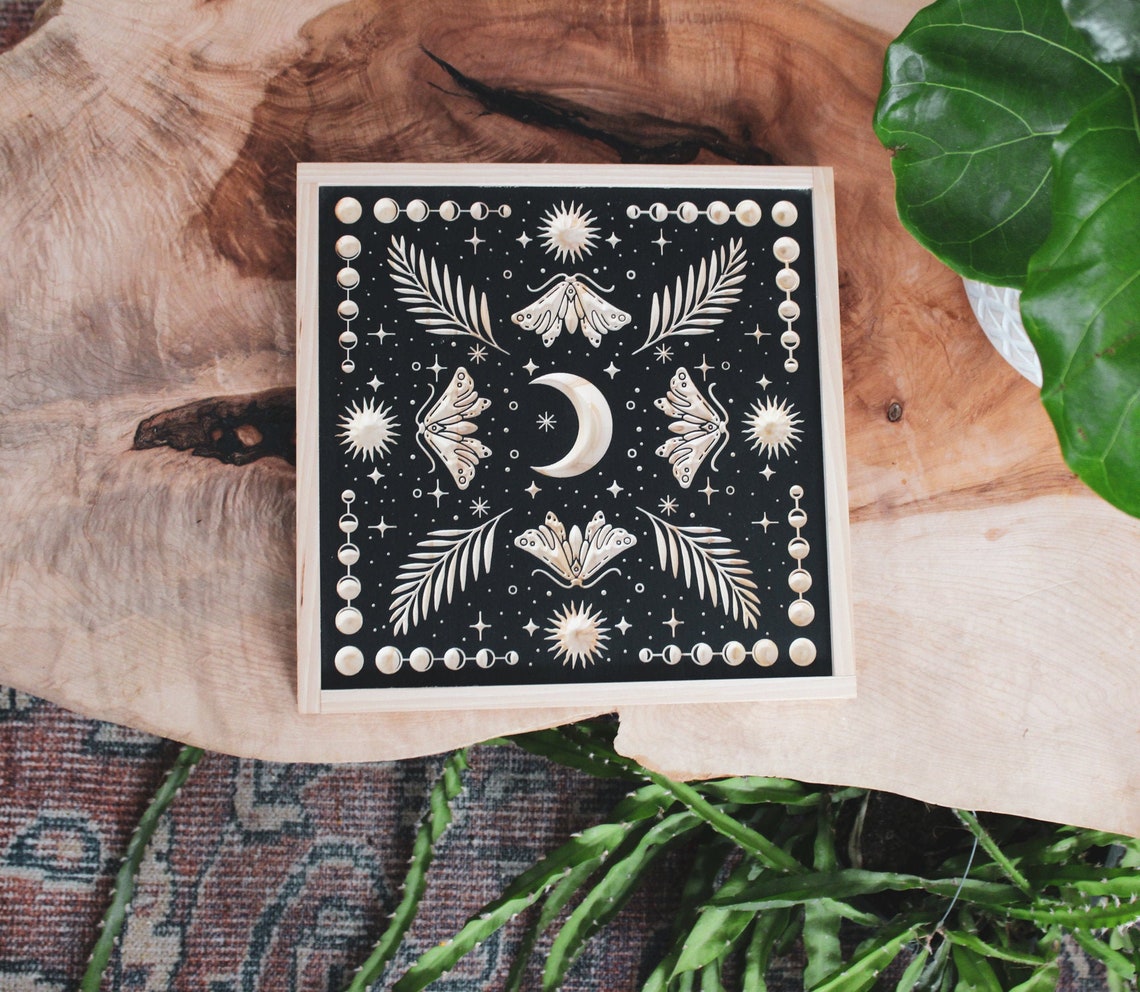 CARVED Wall Hanging Wooden Framed Moon Phase Moth square | Etsy