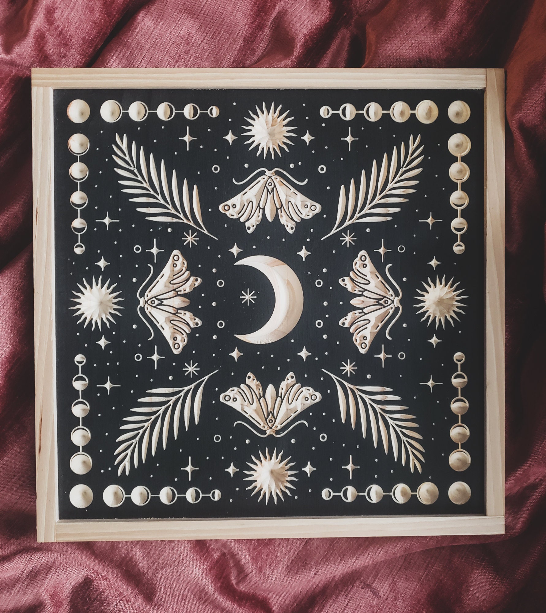CARVED Wall Hanging Wooden Framed Moon Phase Moth square | Etsy