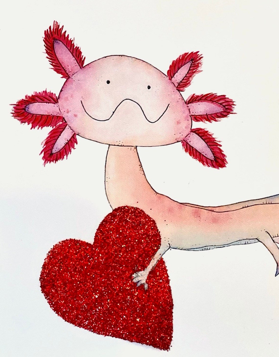 Axolotl with glitter heart hand embellished printed card | Etsy