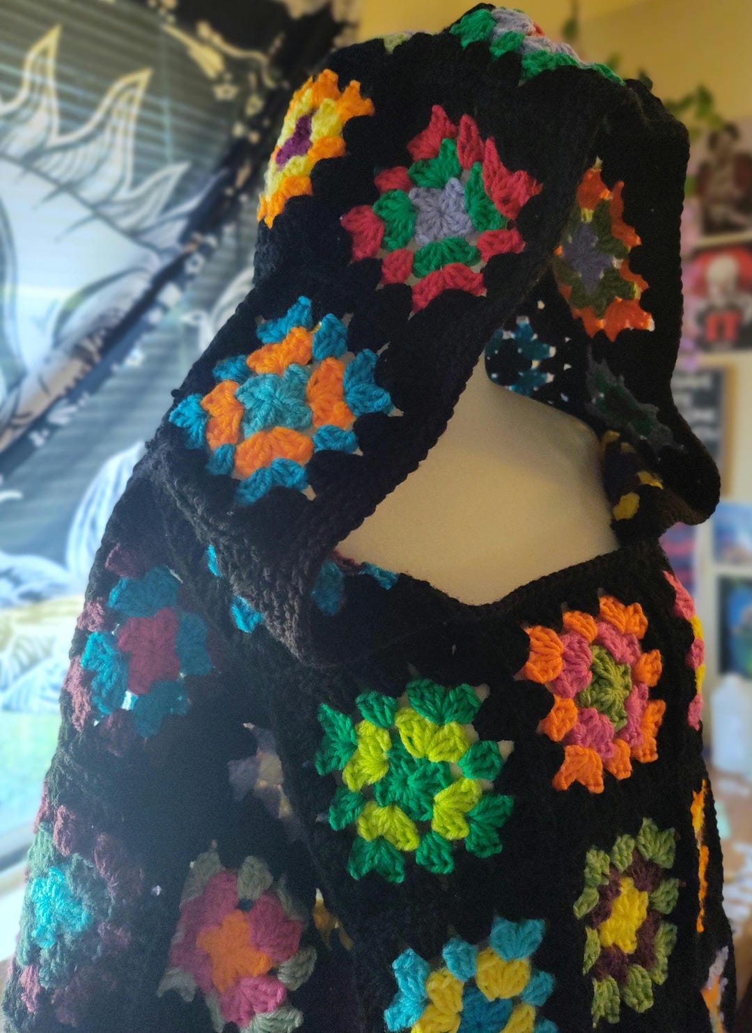 Black Granny Square Pullover Hoodie. Crochet Sweater. Crochet Granny ...