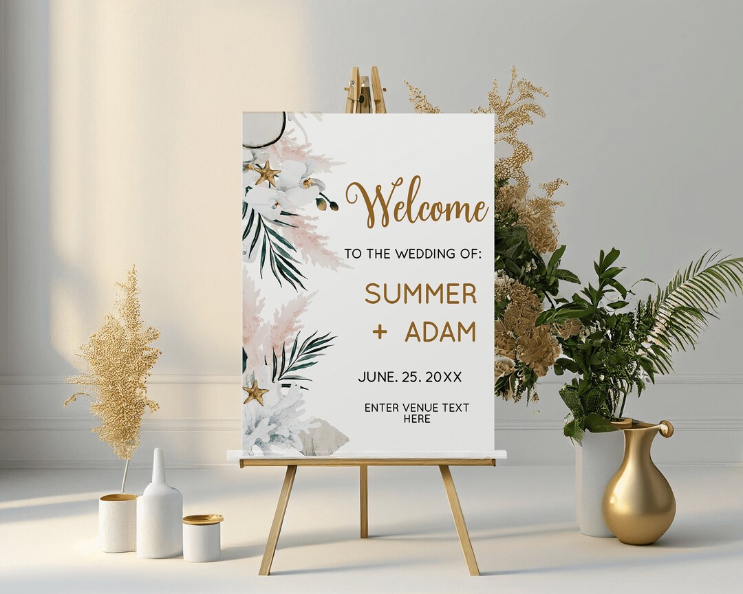 Boho Beach Wedding Welcome Sign Template, Tropical Pampas Bridal ...