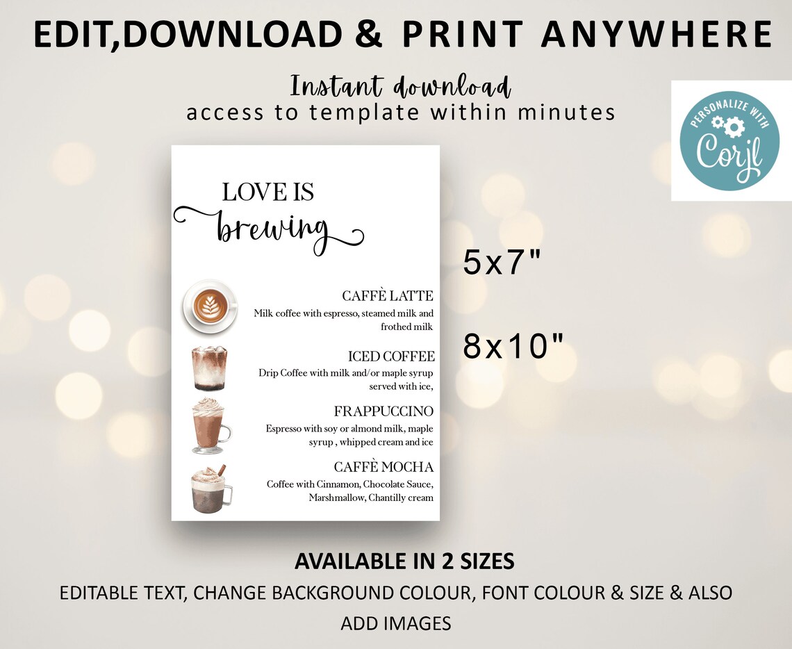 Love is Brewing Coffee Menu Sign Template, Minimalistic Wedding Coffee ...